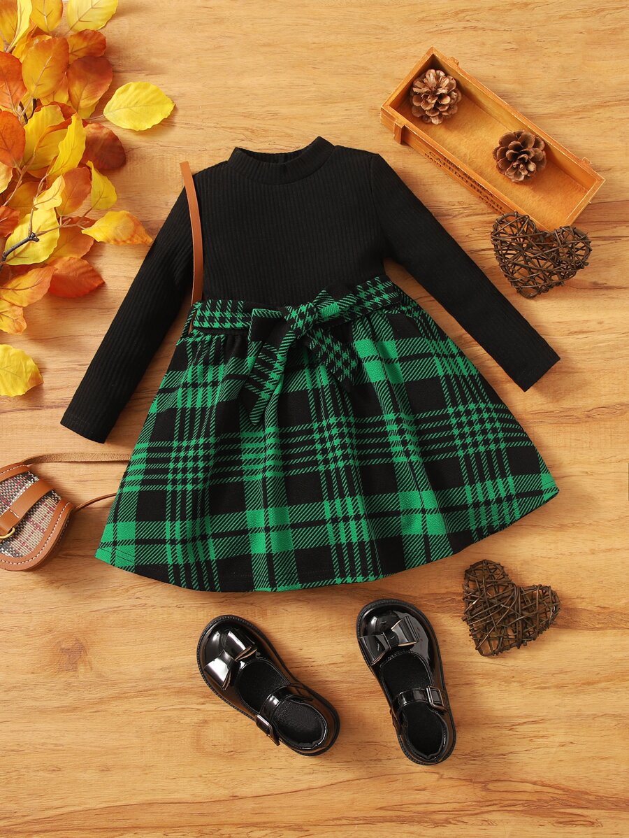 SHEIN Baby Girl Plaid Printed Belted Dress, Comfortable, Cute And Sweet ...