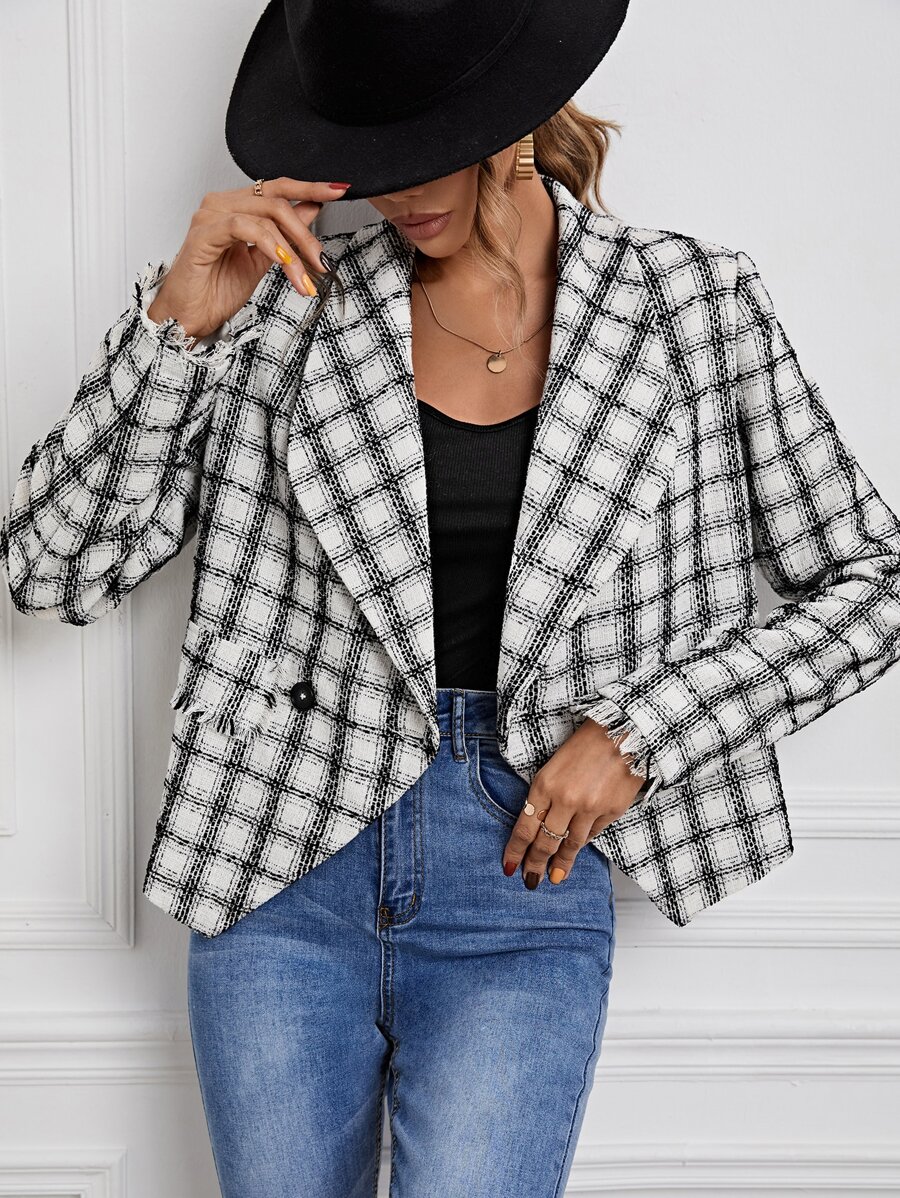 SHEIN Unity Plaid Raw Trim Shawl Collar Tweed Overcoat | SHEIN USA