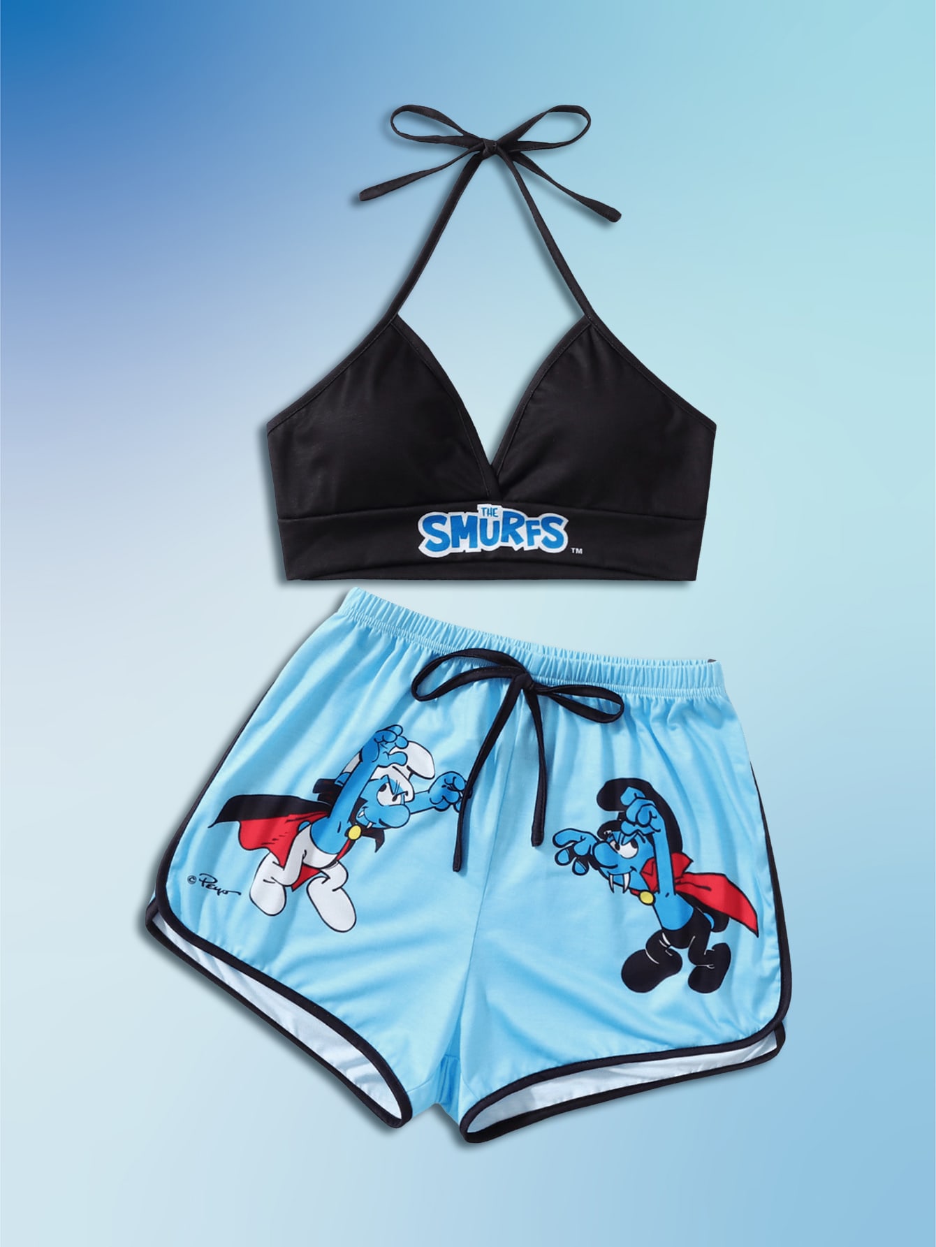 ROMWE X The Smurfs Letter Cartoon Graphic Halter Pajama Set