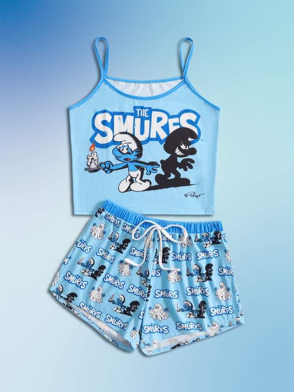 ROMWE X The Smurfs Letter Cartoon Graphic Knot Decor Pajama Set | SHEIN UK