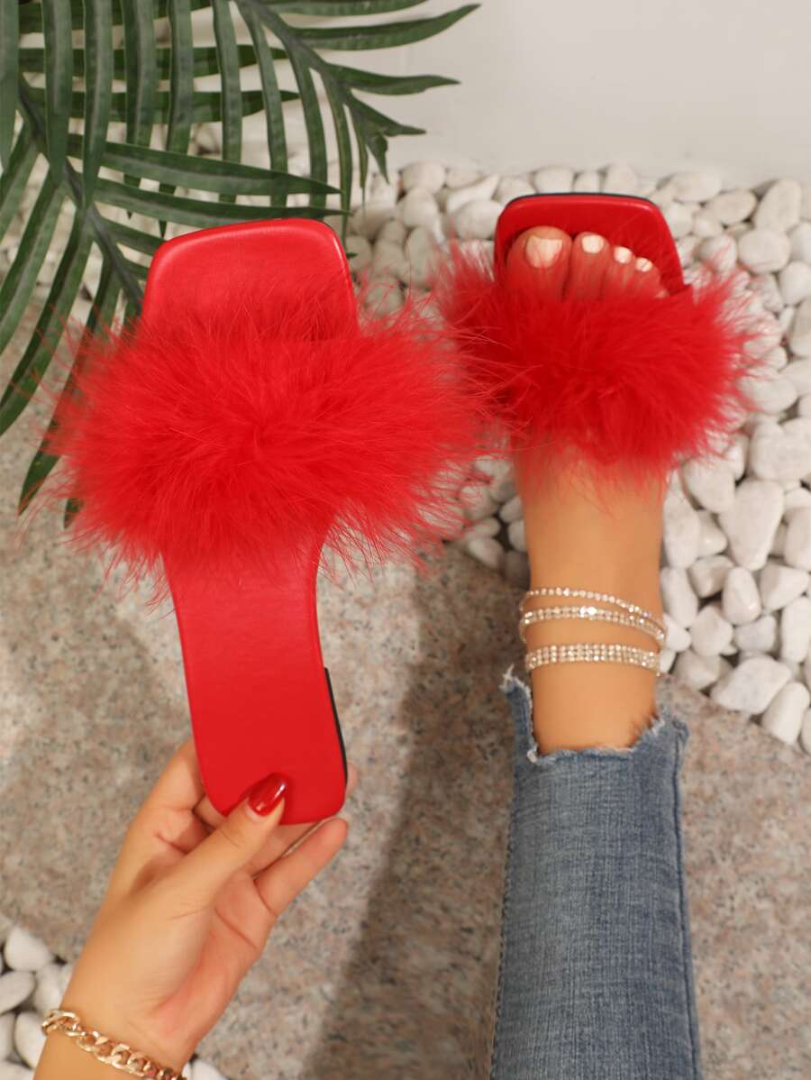 Women's Red Party Patchwork Slippers With Solid Color And Fluffy ...