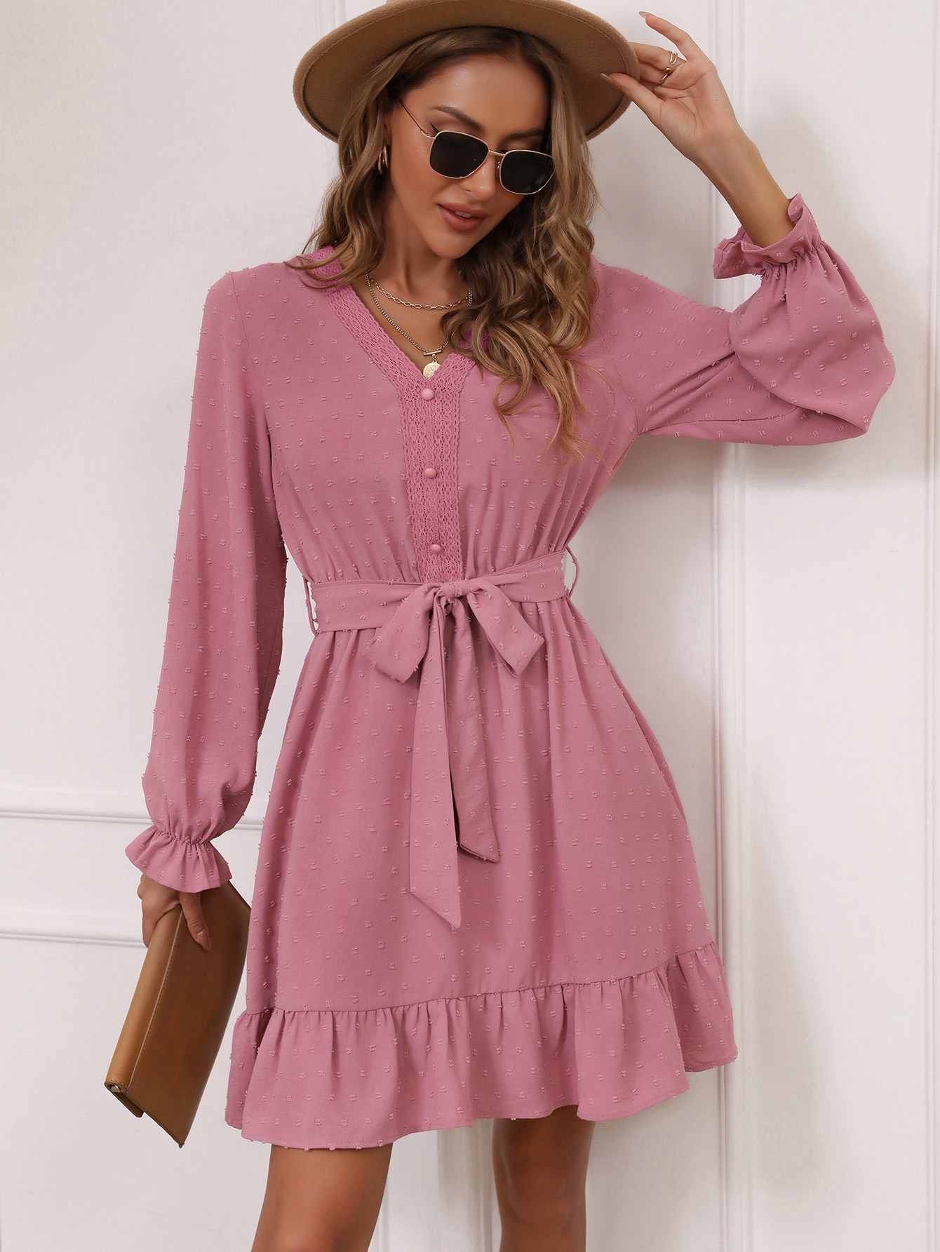 Guipure Lace Trim Flounce Sleeve Ruffle Hem Belted Dress Shein Uk