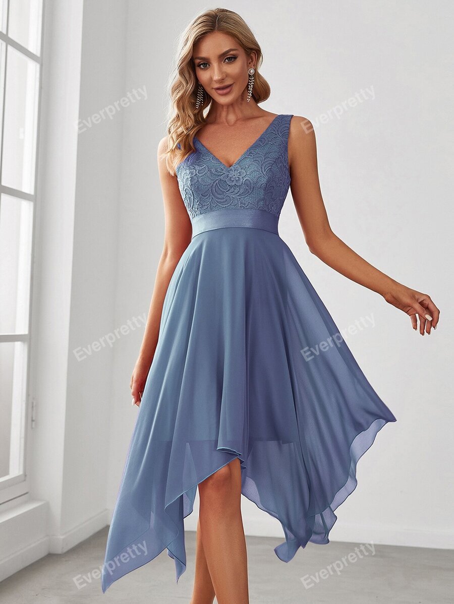 Ever Pretty Double V Neck Lace Bodice Hanky Hem Dress Elegant Cocktail