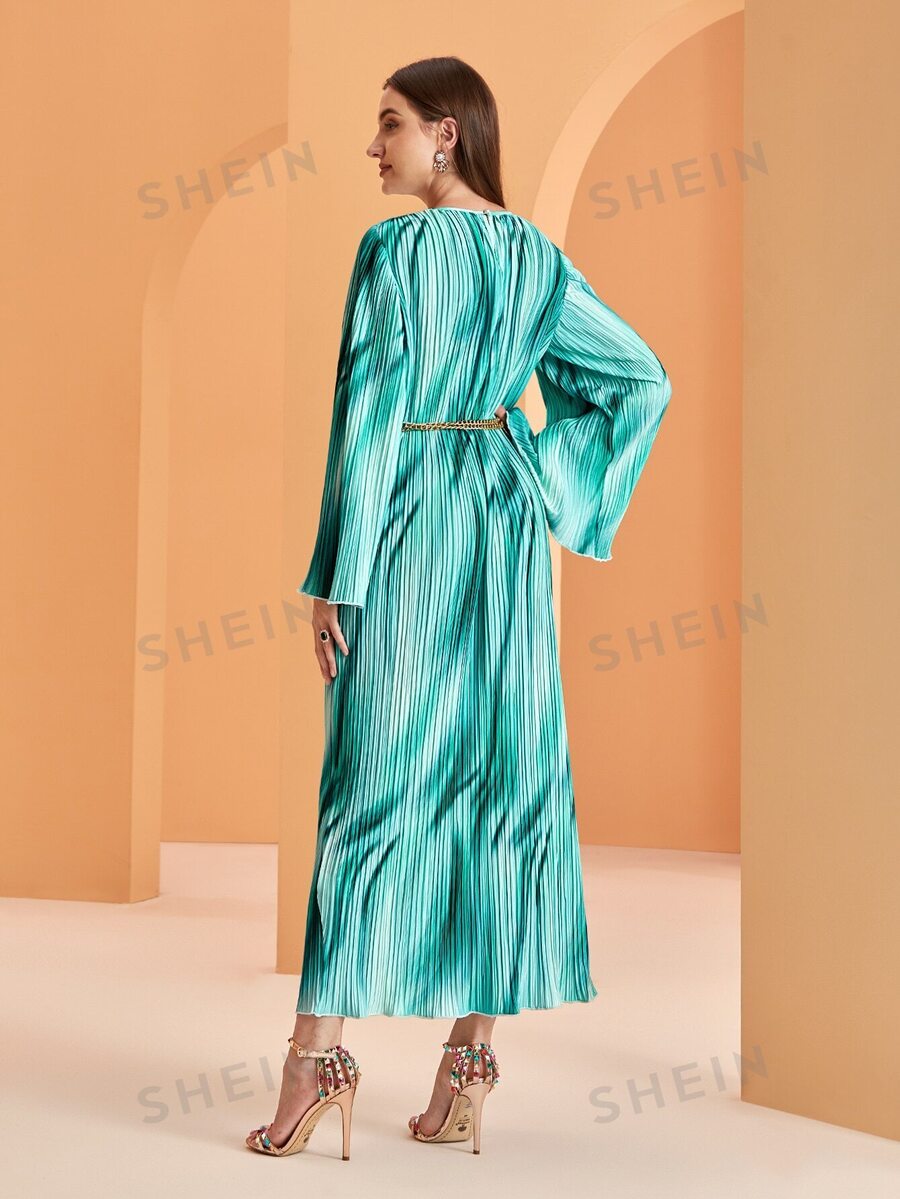 SHEIN Modely Pleated Tie-Dye Ruffled Sleeves Metallic Belt Dress | SHEIN UK