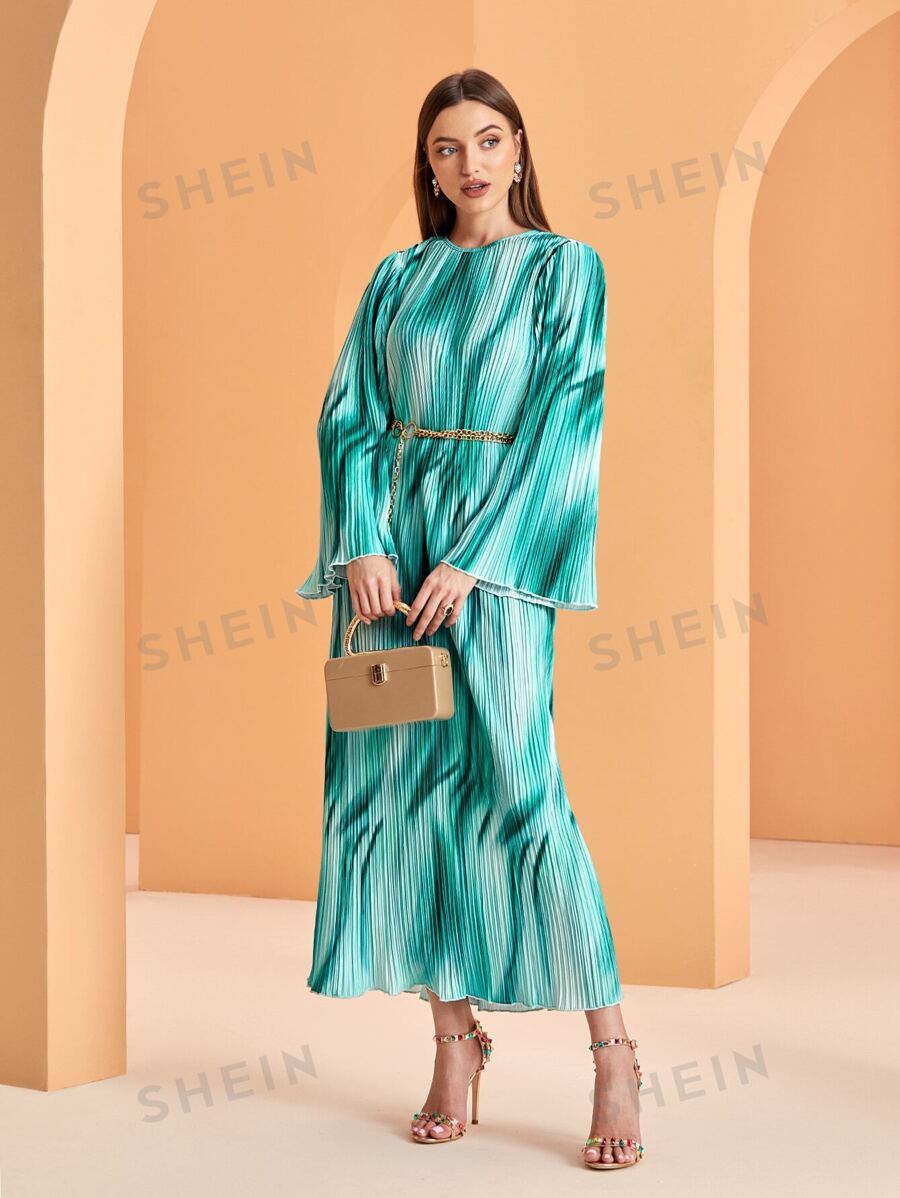 SHEIN Modely Pleated Tie-Dye Ruffled Sleeves Metallic Belt Dress | SHEIN UK