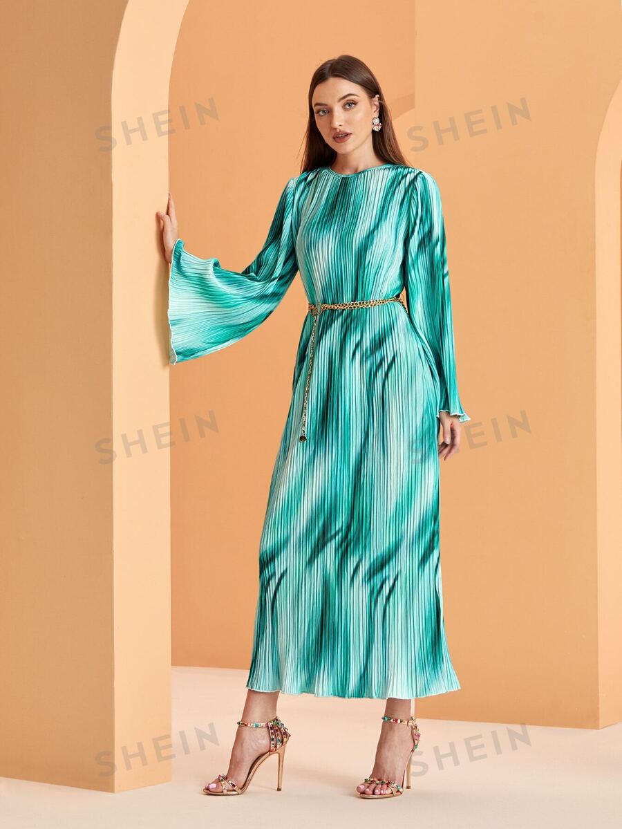 SHEIN Modely Pleated Tie-Dye Ruffled Sleeves Metallic Belt Dress ...