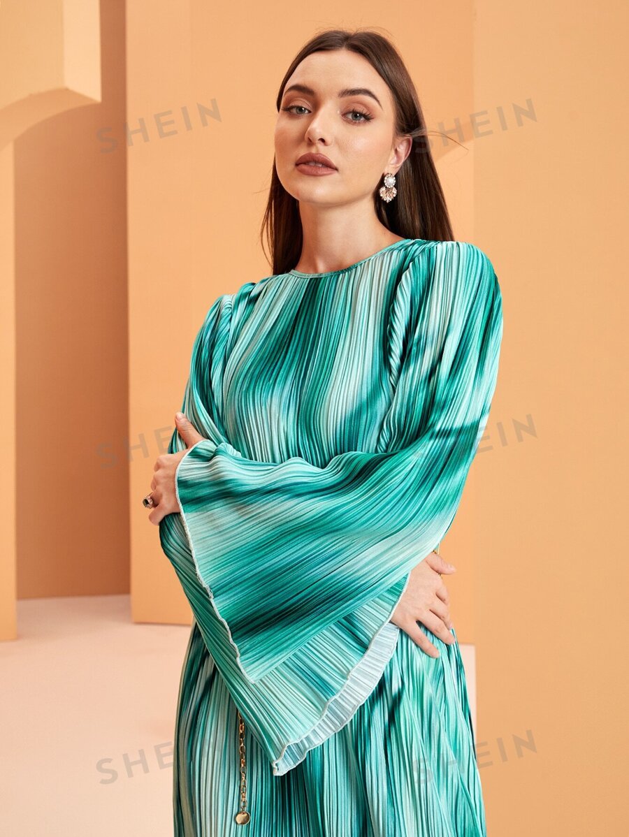 SHEIN Modely Pleated Tie-Dye Ruffled Sleeves Metallic Belt Dress | SHEIN UK