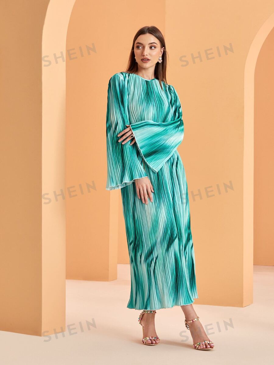 SHEIN Modely Pleated Tie-Dye Ruffled Sleeves Metallic Belt Dress ...