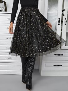 SHEIN BAE Galaxy Print Mesh Overlay Skirt | SHEIN USA