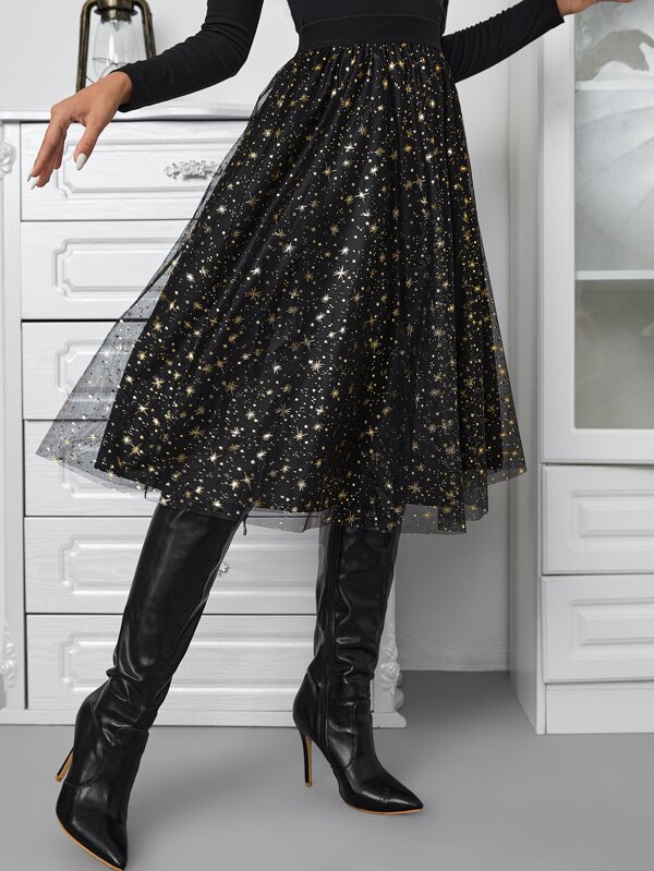 SHEIN BAE Galaxy Print Mesh Overlay Skirt | SHEIN USA