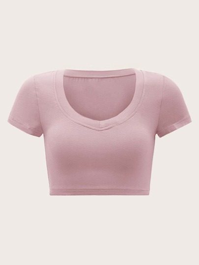 SHEIN EZwear Scoop Neck Solid Crop Tee | SHEIN UK