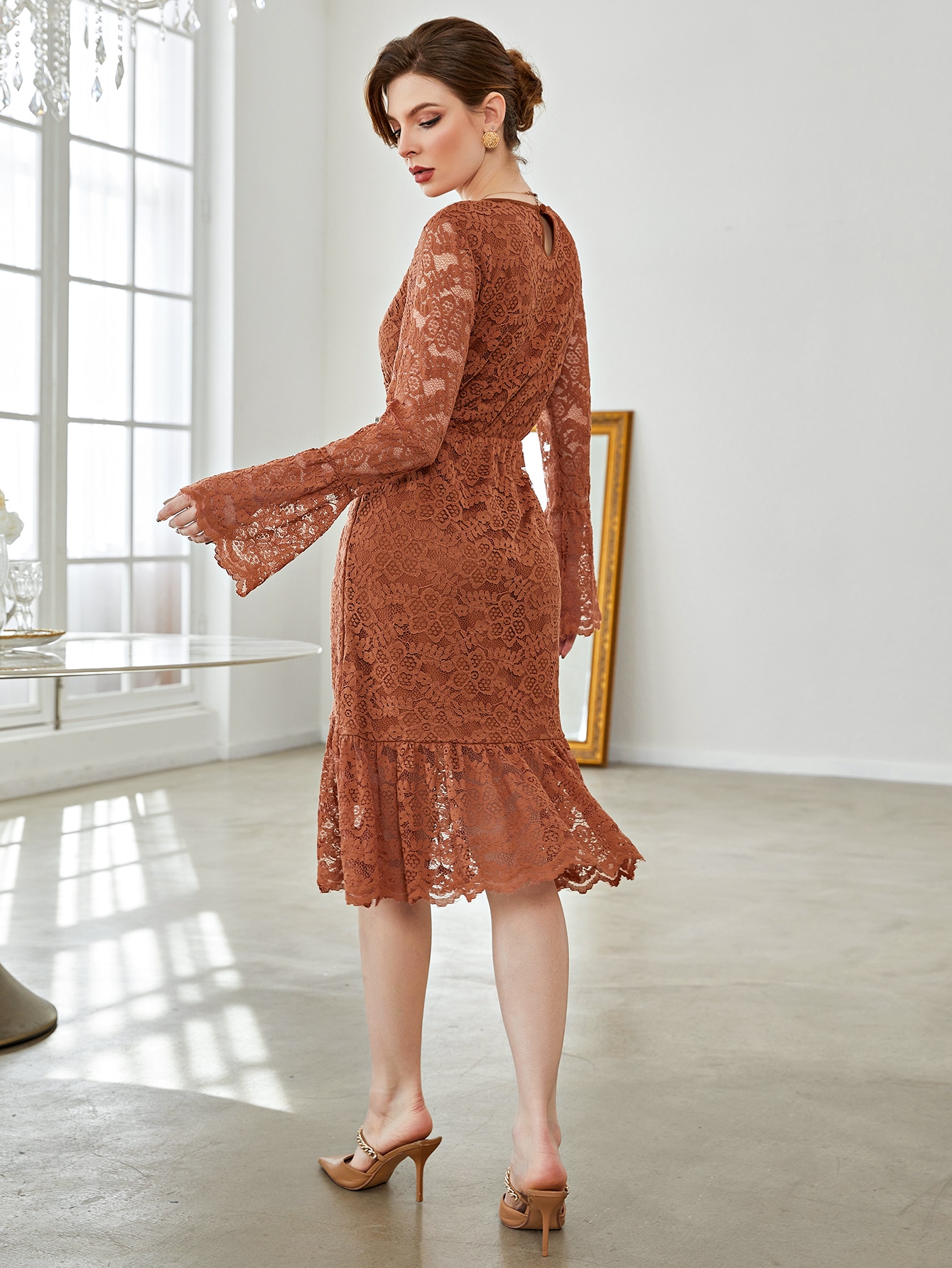 Ruffle Hem Lace Fitted Formal Dress Shein Usa