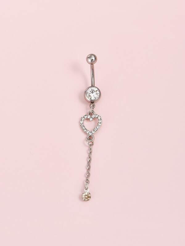 1pc Stainless Steel, Rhinestone Heart Decor Navel Belly Ring For Women ...