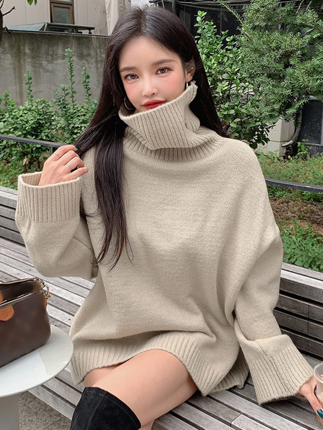 DAZY Kpop Turtleneck Drop Shoulder Oversized Sweater