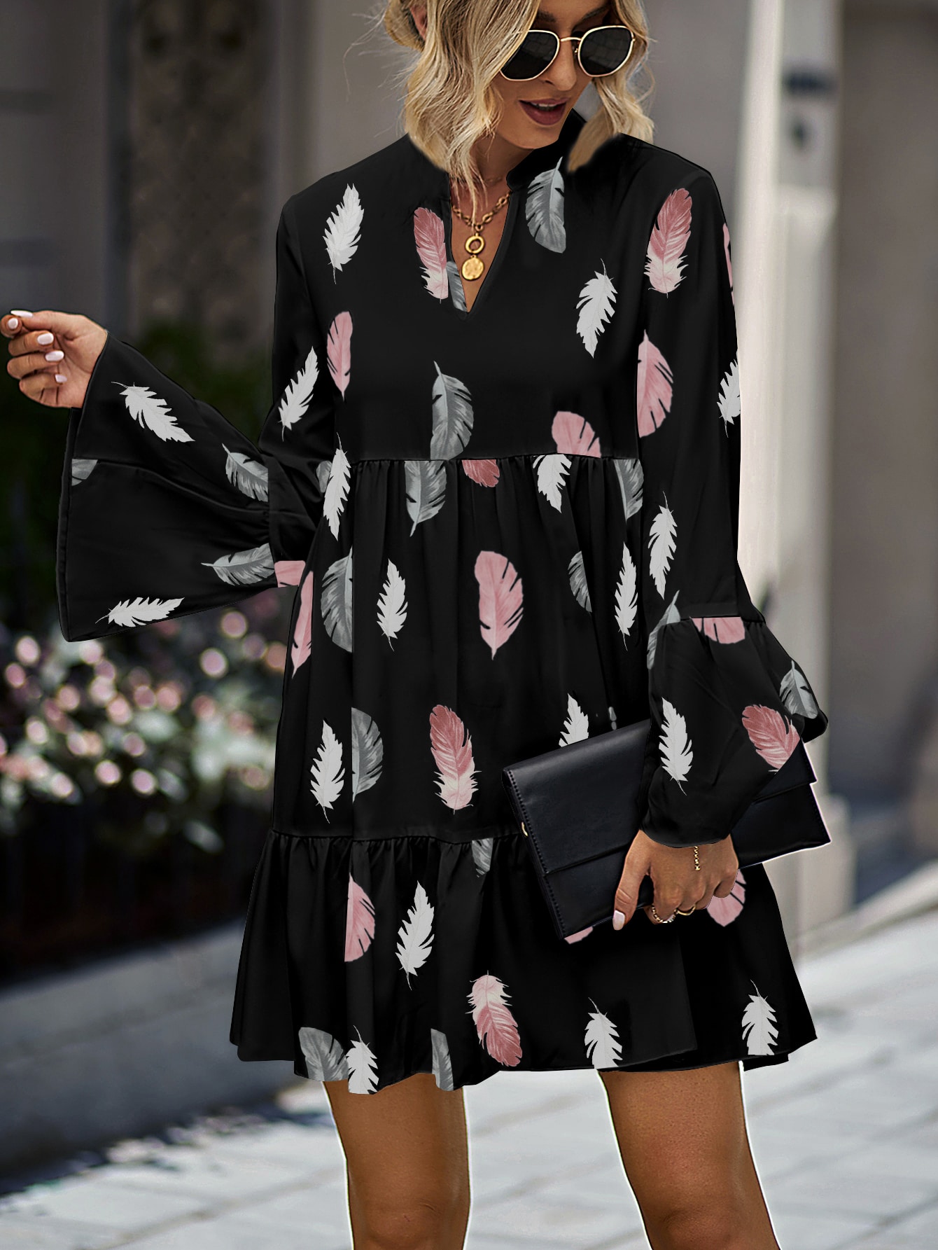 Graphic Print Ruffle Hem Smock Dress | SHEIN USA