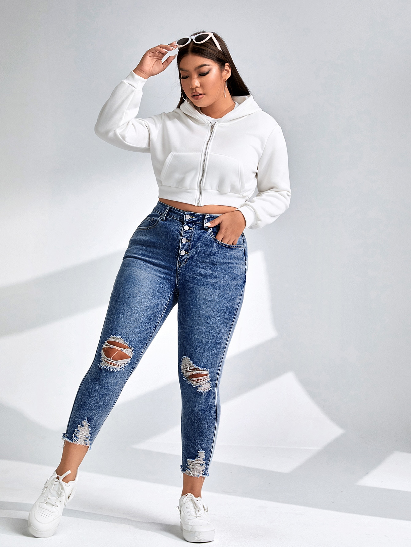 SHEIN Essnce Plus Button Fly Ripped Raw Cut Skinny Jeans | SHEIN USA