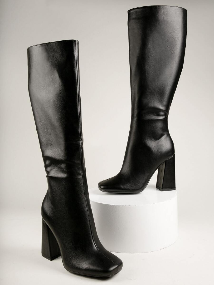 SHEIN SHUZIA Women's Glamorous Square Toe Block Heel Knee-High Boots Summer Shoes Spring Shoes ...