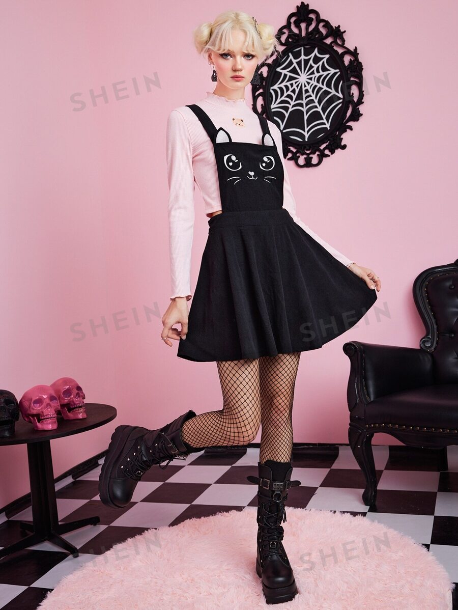 Romwe Kawaii Cartoon Cat Graphic Overall Dress Shein