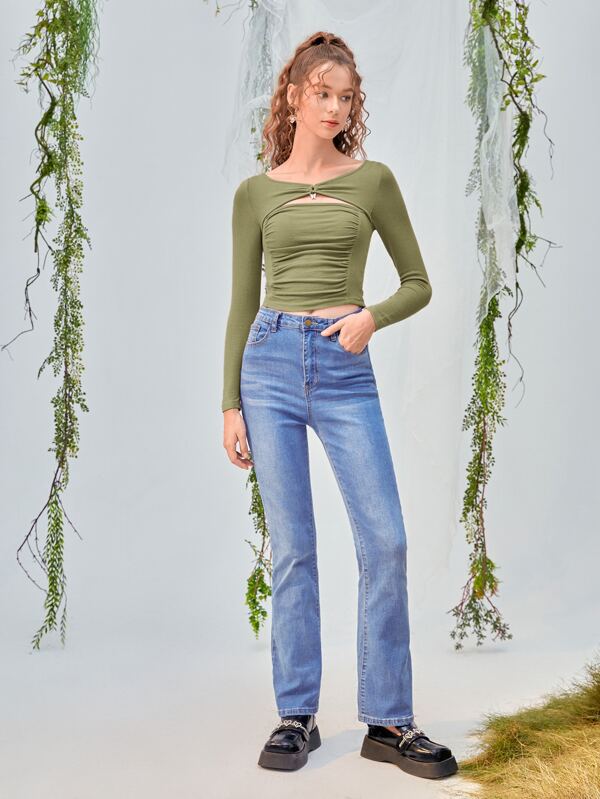 SHEIN MOD Ruched Front Cut Out Crop Tee | SHEIN USA