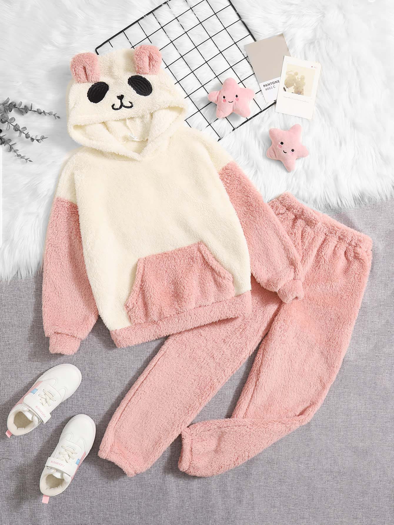 SHEIN Tween Girl Cartoon Embroidery 3D Ears Design Flannel Hoodie ...