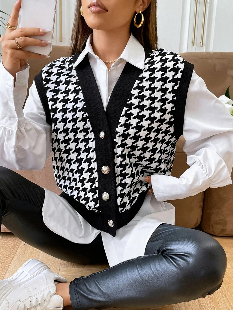 SHEIN EZwear Spring Houndstooth Print Vest Jacket Without Blouse In ...