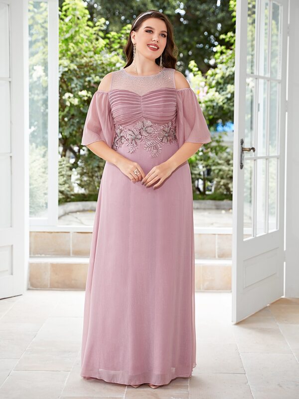 SHEIN Belle Plus Rhinestone Detail Appliques Cold Shoulder Ruched Maxi ...