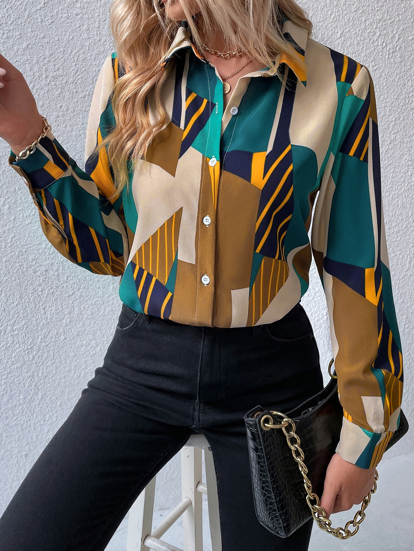 SHEIN Clasi Geo Print Button Front Shirt | SHEIN UK