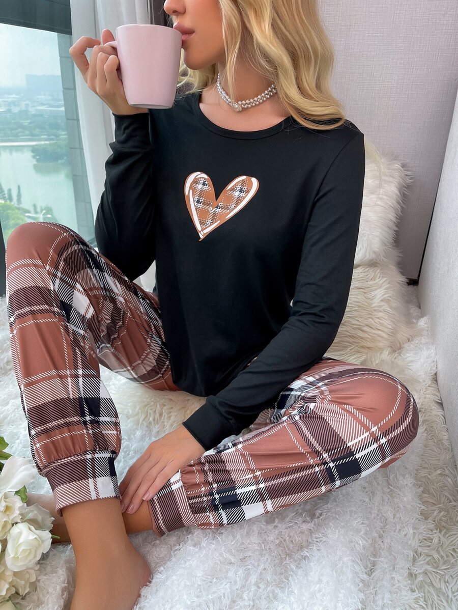 CoupledUp Plaid & Heart Print PJ Set / Pajama Set | SHEIN USA