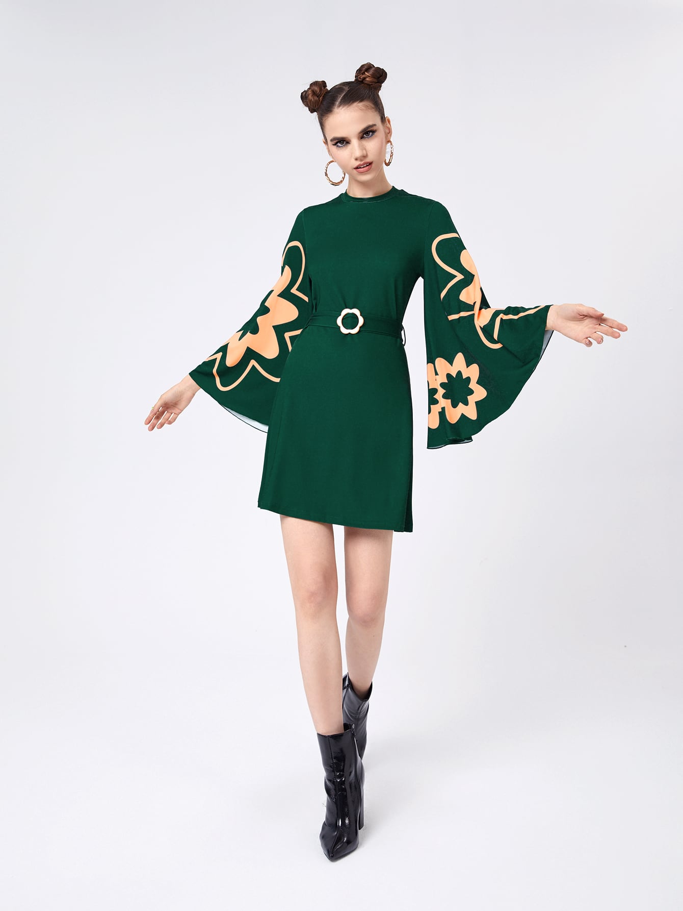 J.Kao Floral Print Trumpet Sleeve Mock Neck Dress With Belt | SHEIN USA