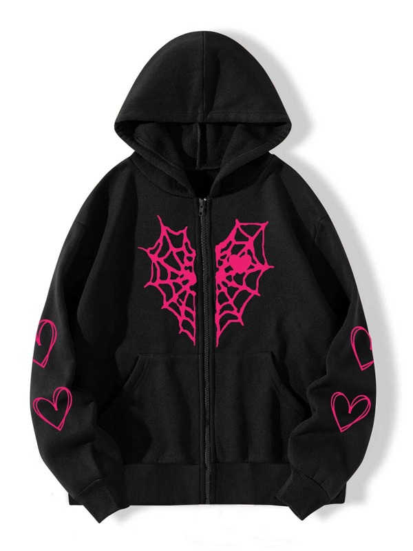 Shein Coolane Spider Web And Heart Print Zipper Thermal Hoodie Shein Usa