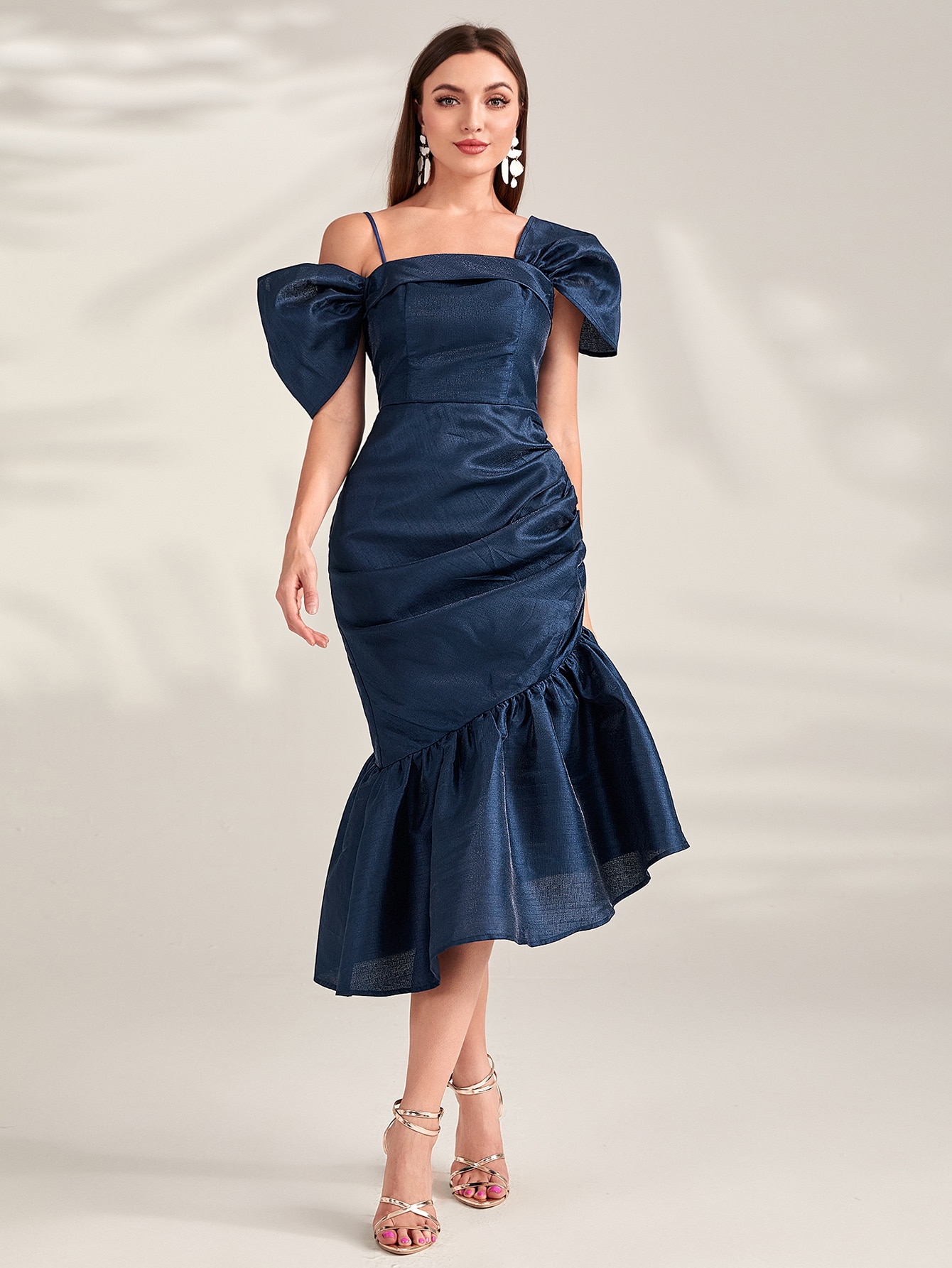 SHEIN Modely Asymmetrical Neck Ruched Mermaid Hem Glitter Party Women ...