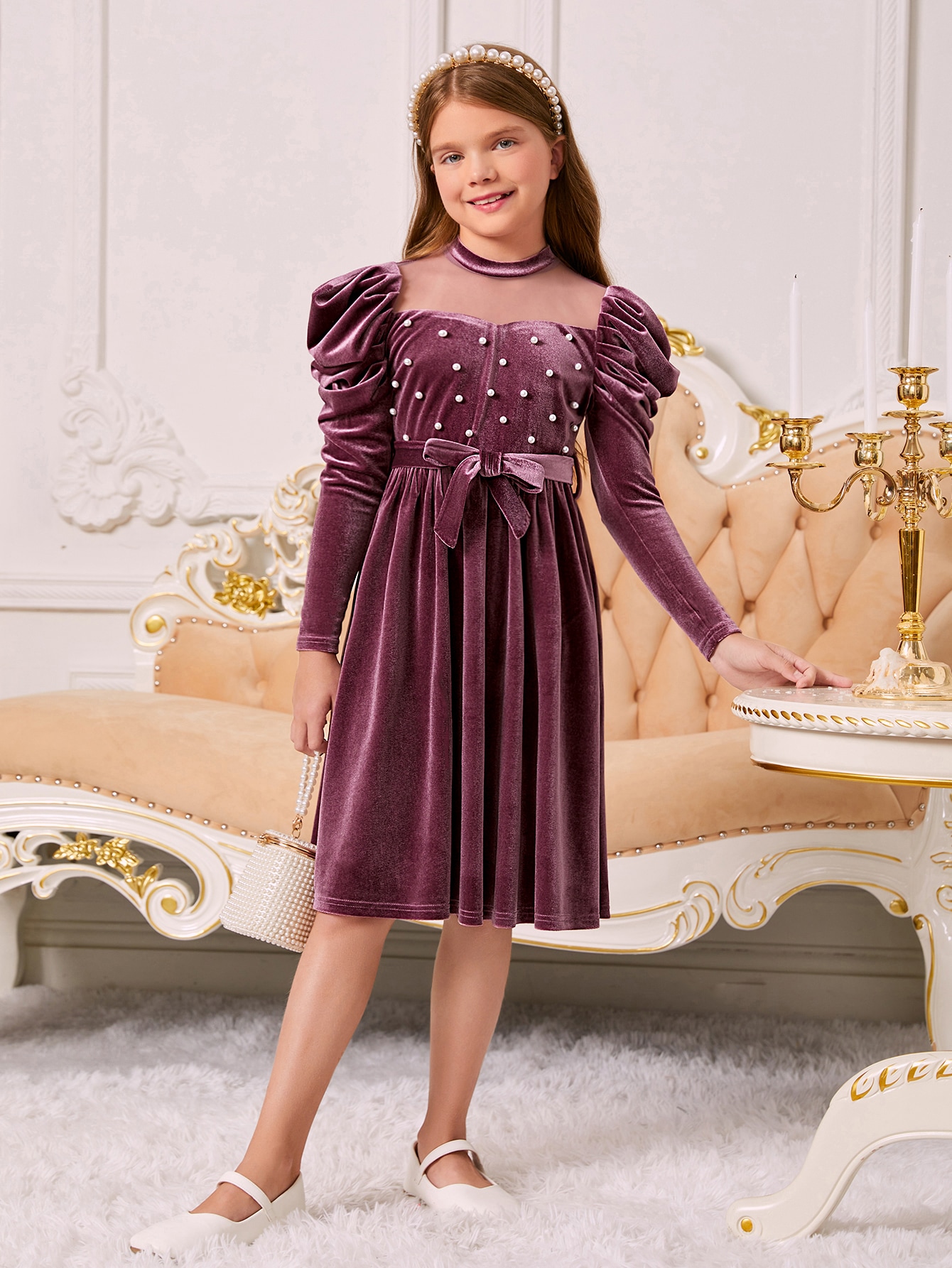 SHEIN Kids Nujoom Tween Girl 1pc Contrast Mesh Gigot Sleeve Pearls ...