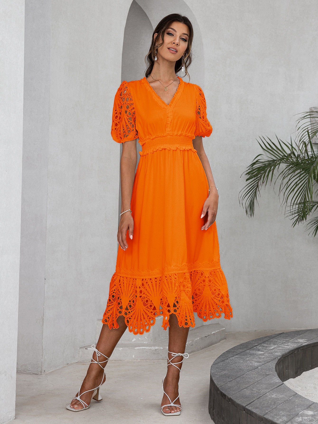 Simplee Guipure Lace Trim Puff Sleeve Dress | SHEIN USA