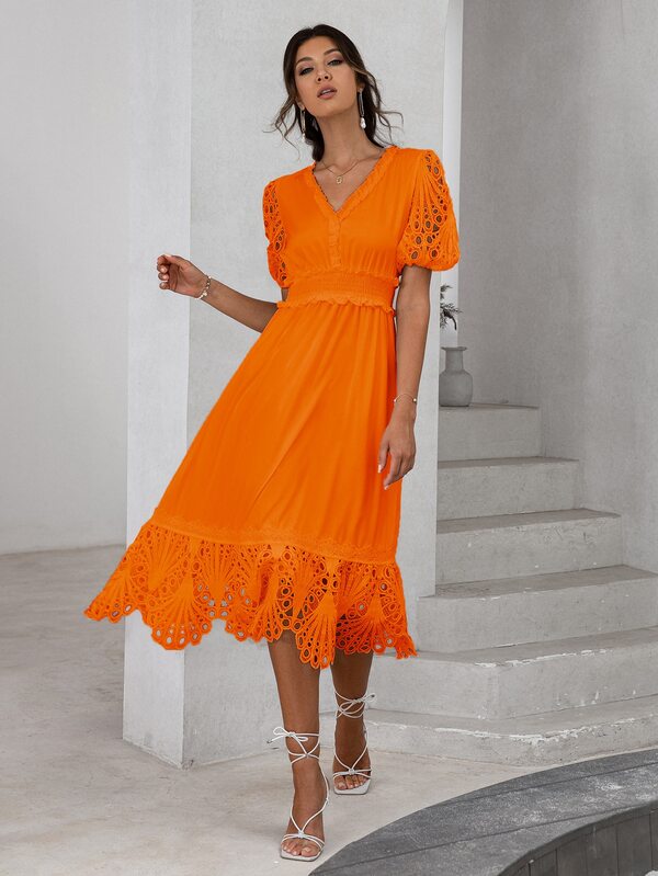 Simplee Guipure Lace Trim Puff Sleeve Dress | SHEIN USA