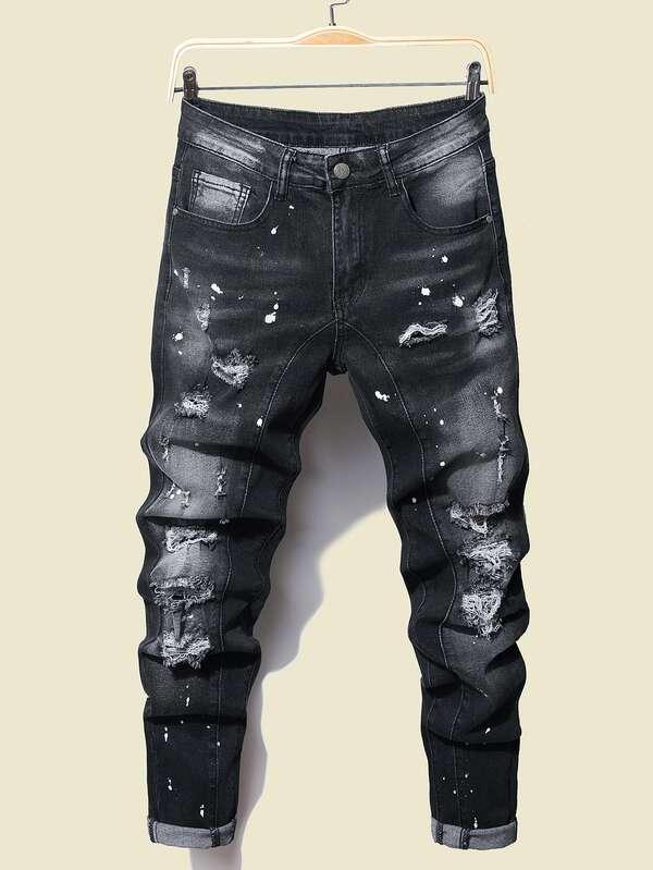 Men Splash Ink Print Ripped Frayed Skinny Jeans | SHEIN USA