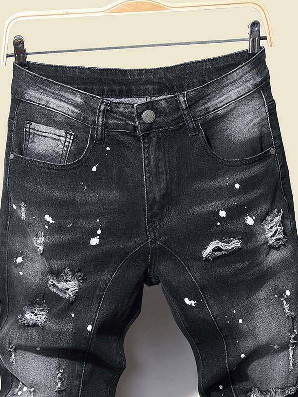 Manfinity Legnd Men Cotton Splash Ink Print Ripped Frayed Skinny Jeans
