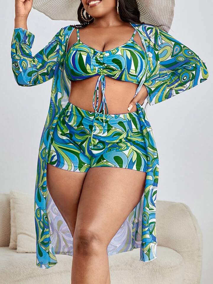 SHEIN Swim Curve Plus Size Allover Print Bikini Set Drawstring Front Cami Top Boxer Shorts Kimono 3 Pieces Bathing Suit Summer SHEIN EUQS