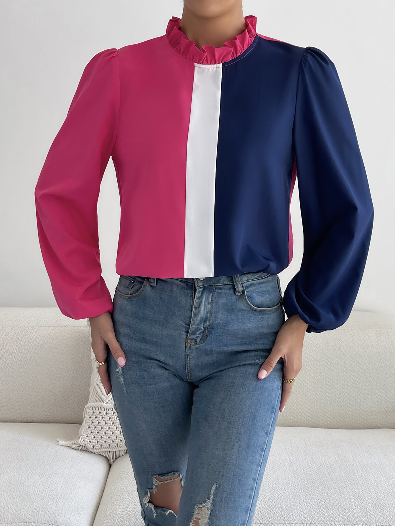 Two Tone Frilled Neck Bishop Sleeve Blouse | SHEIN USA