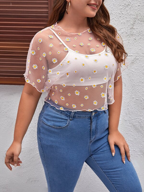 SHEIN WYWH Plus Daisy Print Sheer Top Without Bra | SHEIN USA