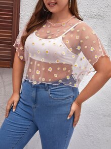 SHEIN WYWH Plus Daisy Print Sheer Top Without Bra | SHEIN USA