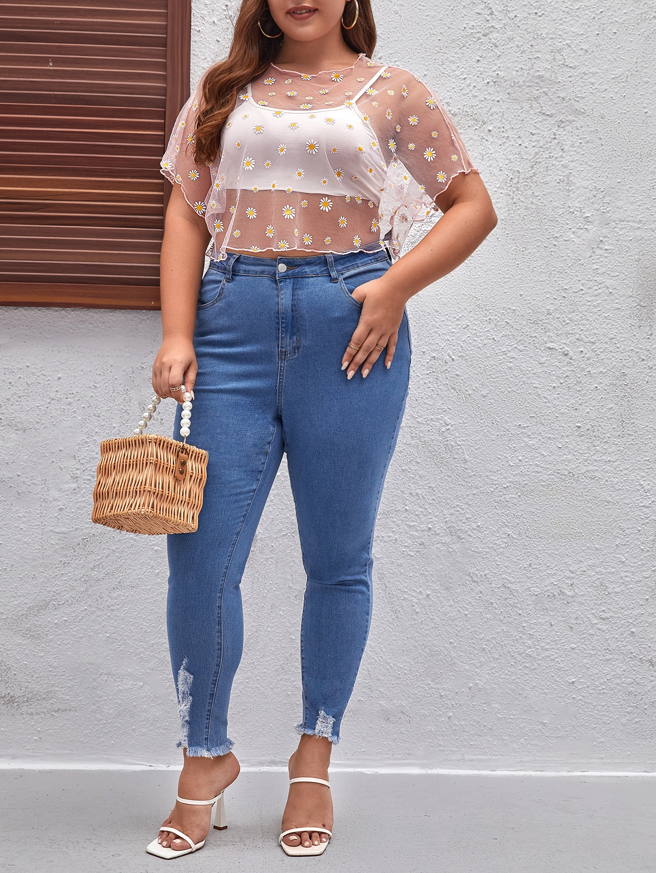 SHEIN WYWH Plus Daisy Print Sheer Top Without Bra | SHEIN USA