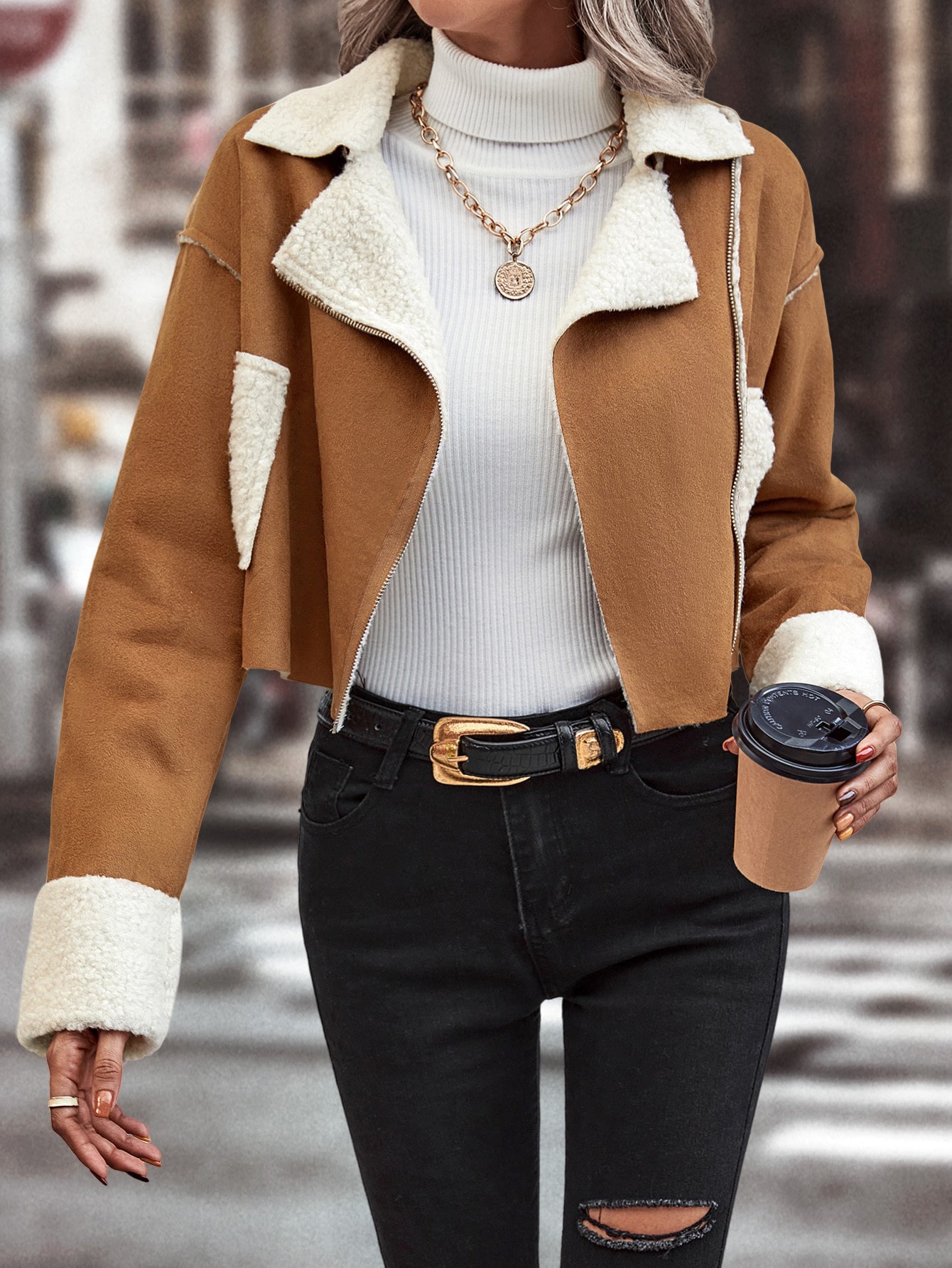 Teddy Lined Zip Up Suede Jacket | SHEIN USA
