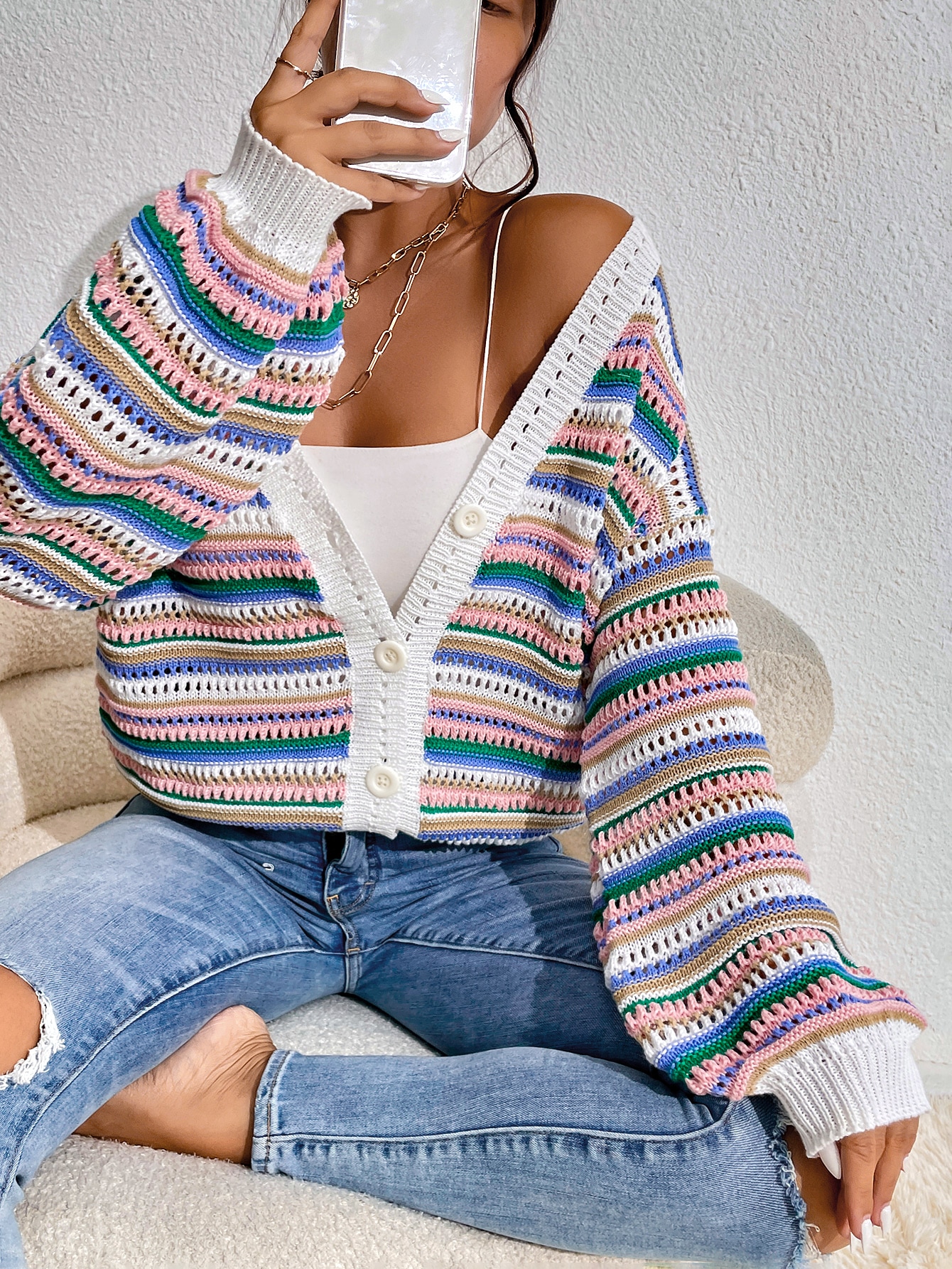Striped Pattern Drop Shoulder Pointelle Knit Cardigan