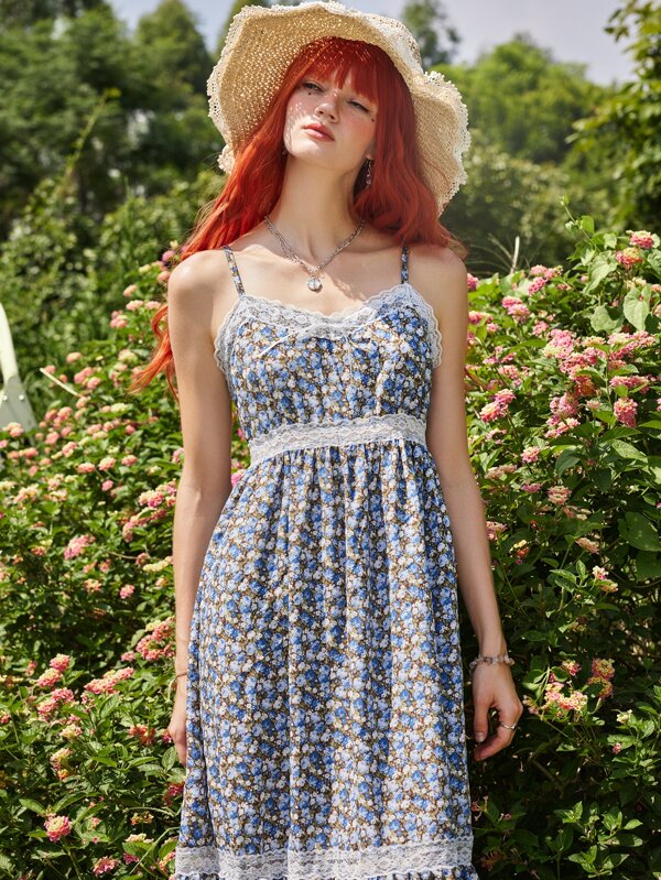 Fairycore Ditsy Floral Contrast Lace Cami Dress | SHEIN USA