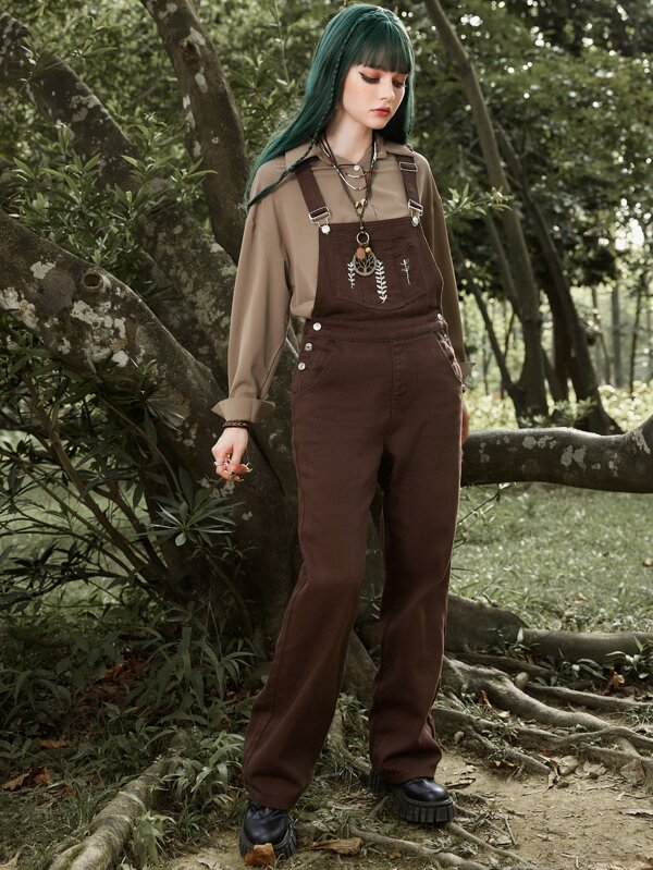 Fairycore Plants Embroidery Denim Overall | SHEIN USA