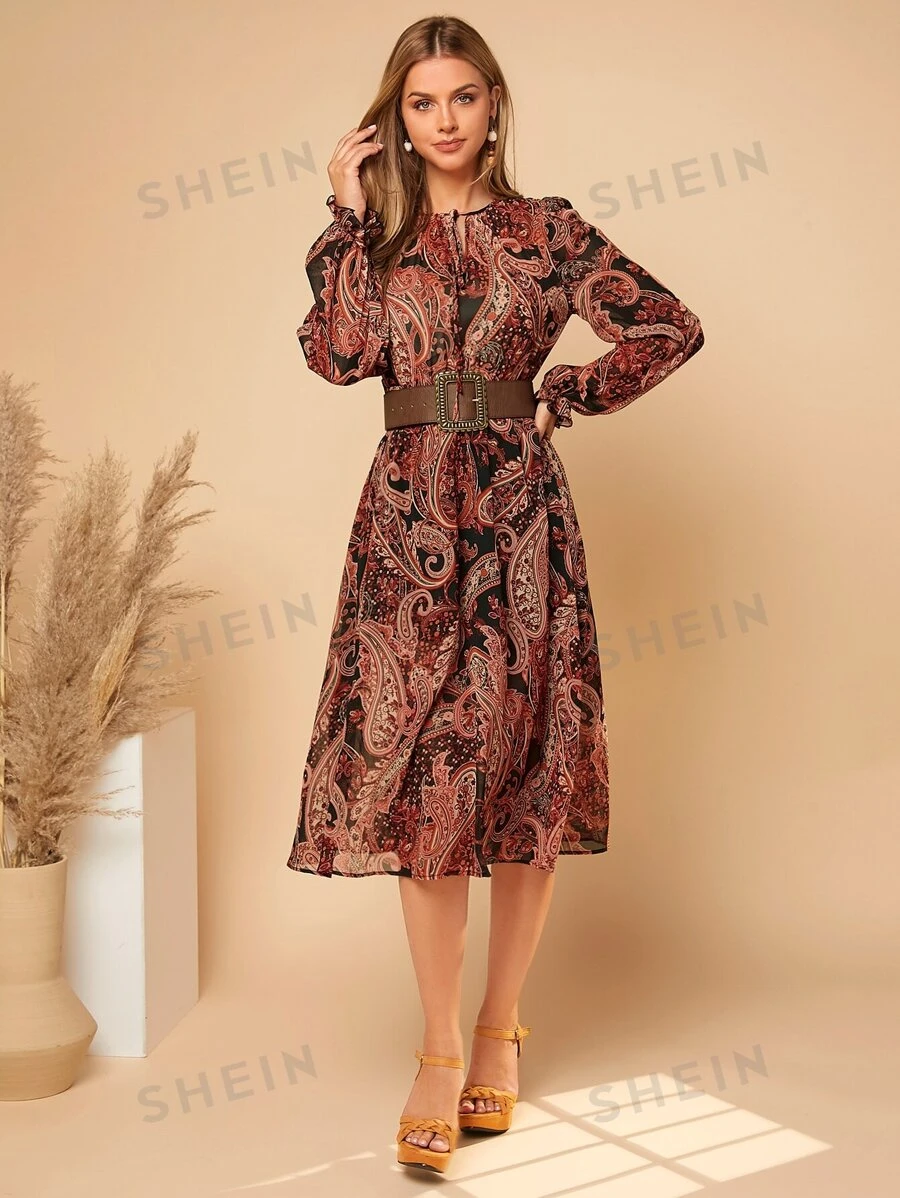 Shein Clasi Tie Neck Flounce Sleeve Paisley Print Dress Without Belt