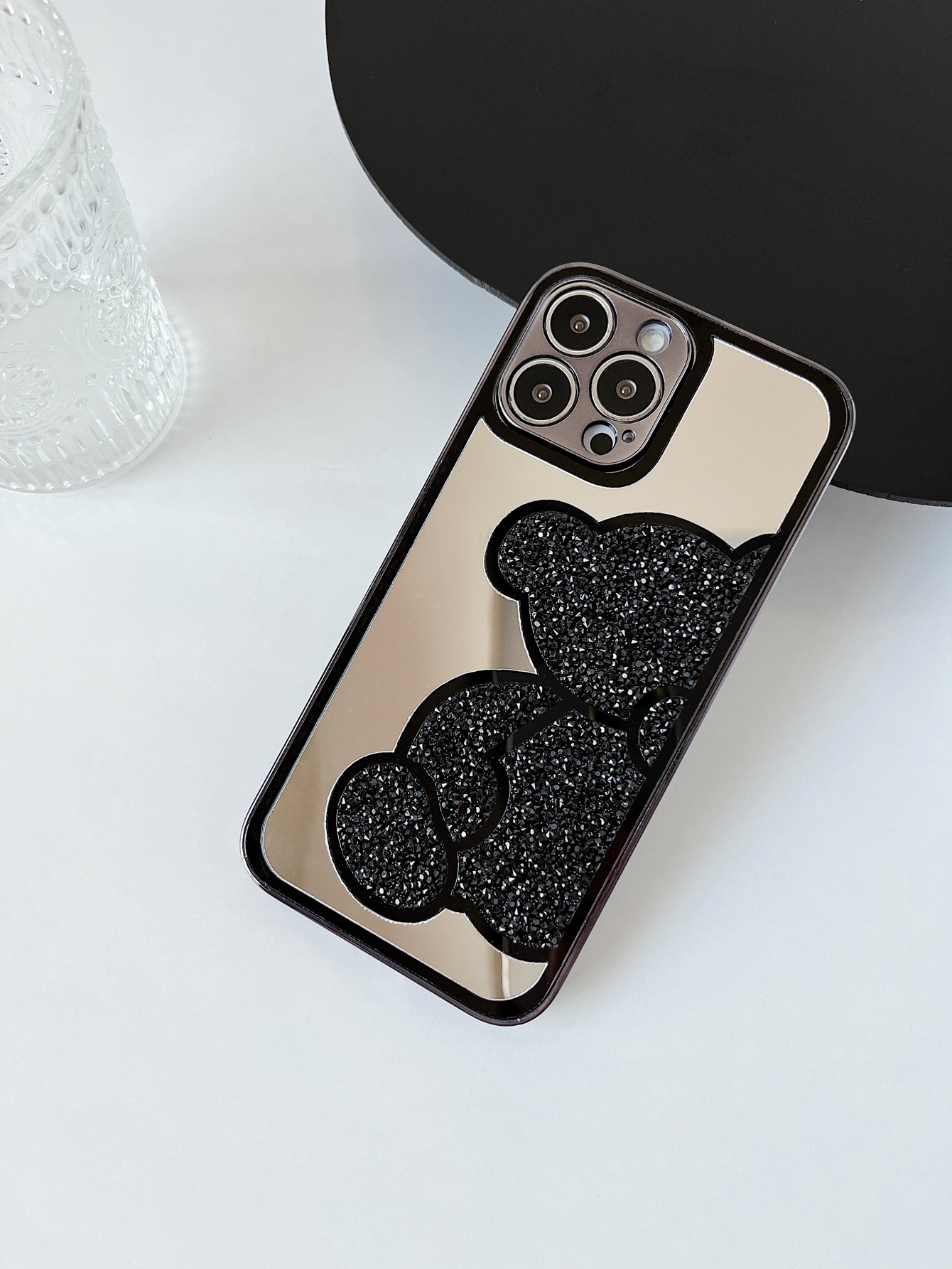 Rhinestone Decor Bear Print Mirror Phone Case