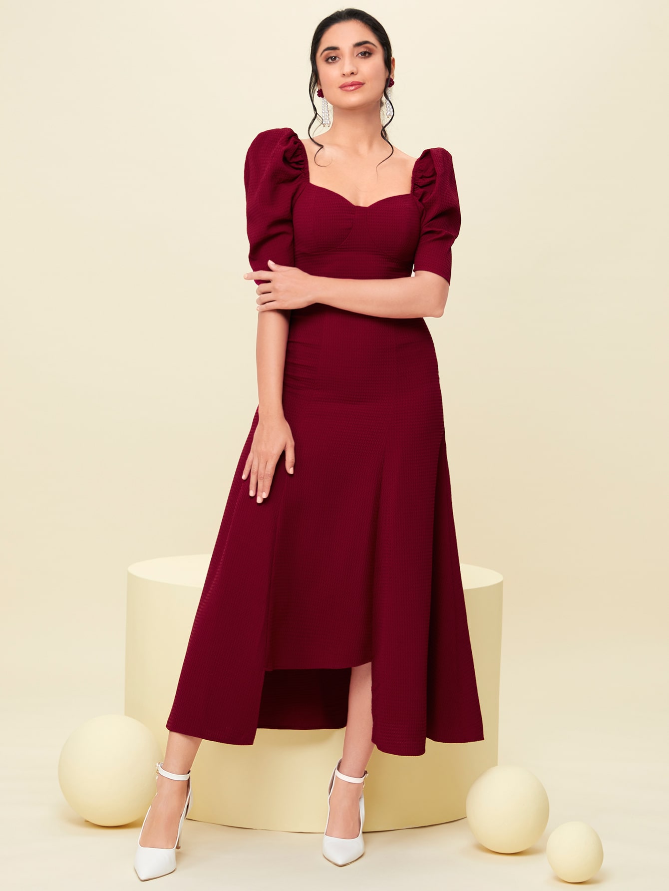 Shein Modely Sweetheart Neck Puff Sleeve Asymmetrical Hem Dress Shein Usa