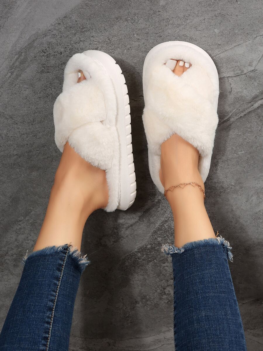 Criss Cross Fuzzy Bedroom Slippers, Square Toe Flat Home Slippers For ...