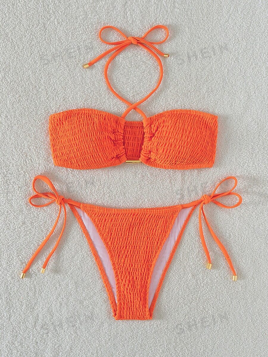 Shein Swim Vcay Smocked Halter Bra And Thong Bottom 2 Piece Bathing Suit